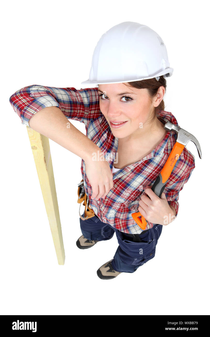 Female carpenter with a hammer Stock Photo - Alamy