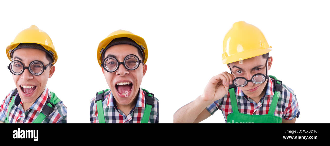 Funny construction worker isolated on white Stock Photo - Alamy