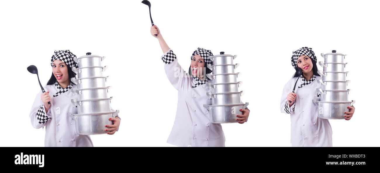 Cook with stack of pots on white Stock Photo - Alamy