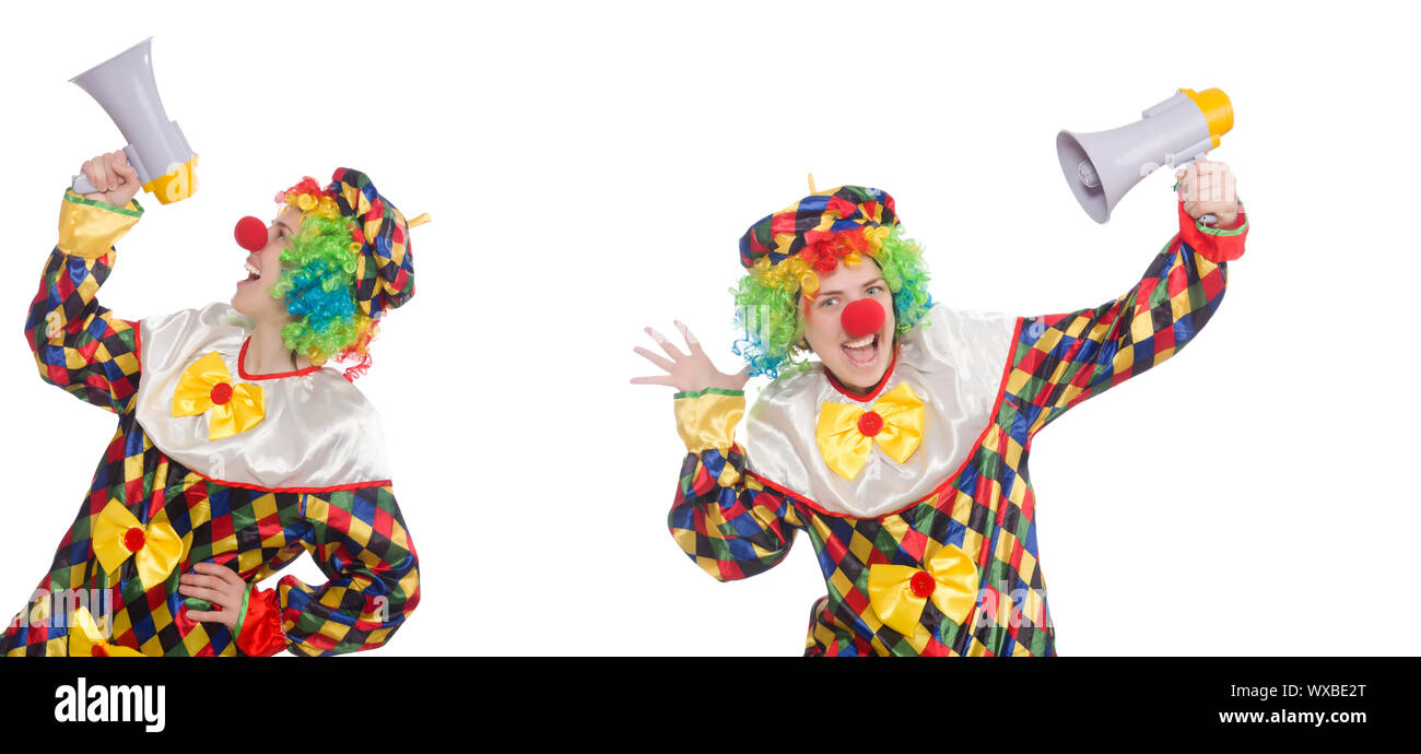 Clown with loudspeaker isolated on white Stock Photo - Alamy