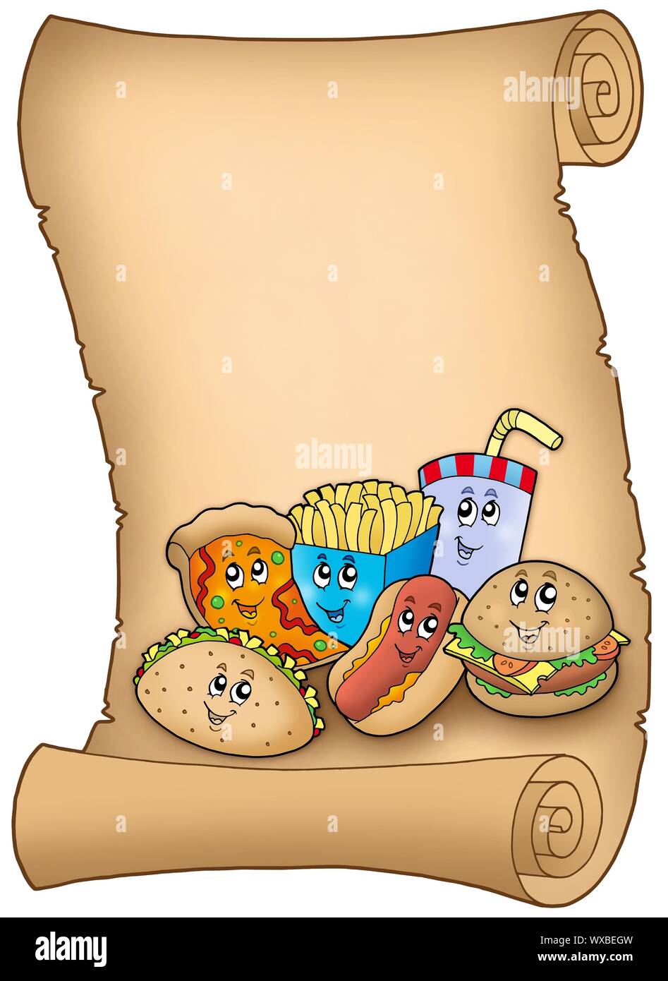 Parchment with various cartoon meals - color illustration Stock Photo ...