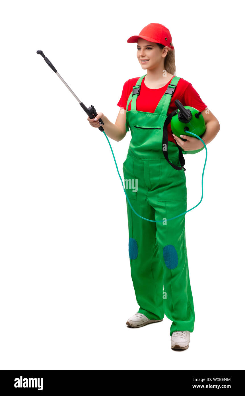 Female pest control contractor isolated on white Stock Photo - Alamy