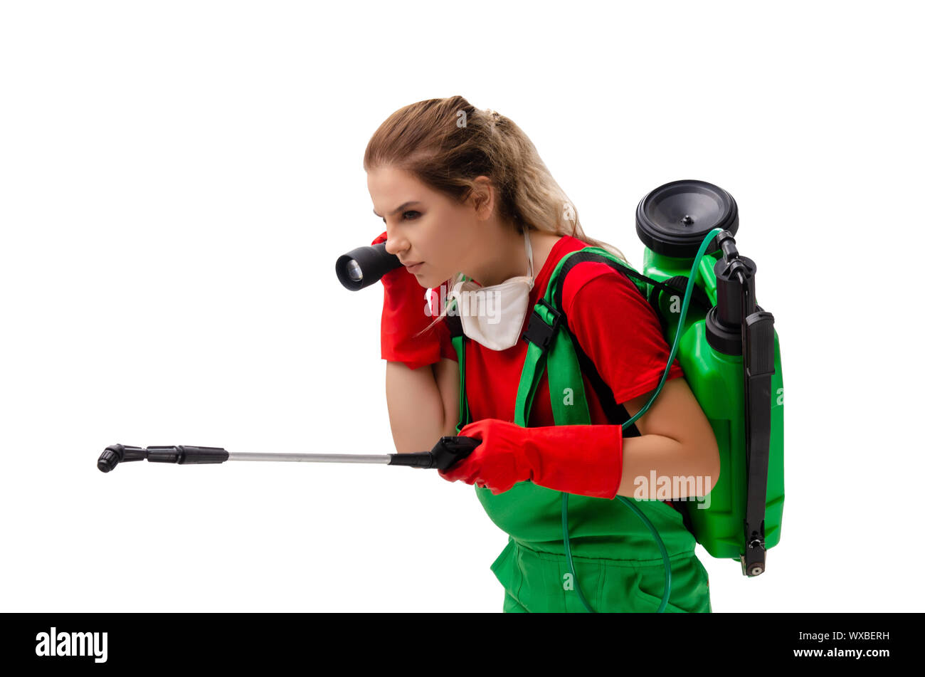 Female pest control contractor isolated on white Stock Photo - Alamy
