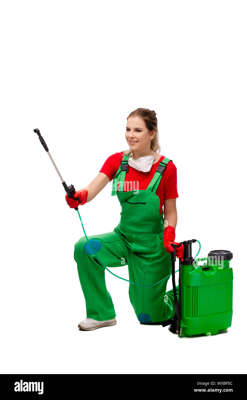 Female pest control contractor isolated on white Stock Photo - Alamy