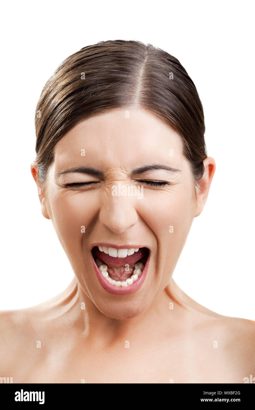 Portrait of a beautiful woman yelling very loud Stock Photo - Alamy