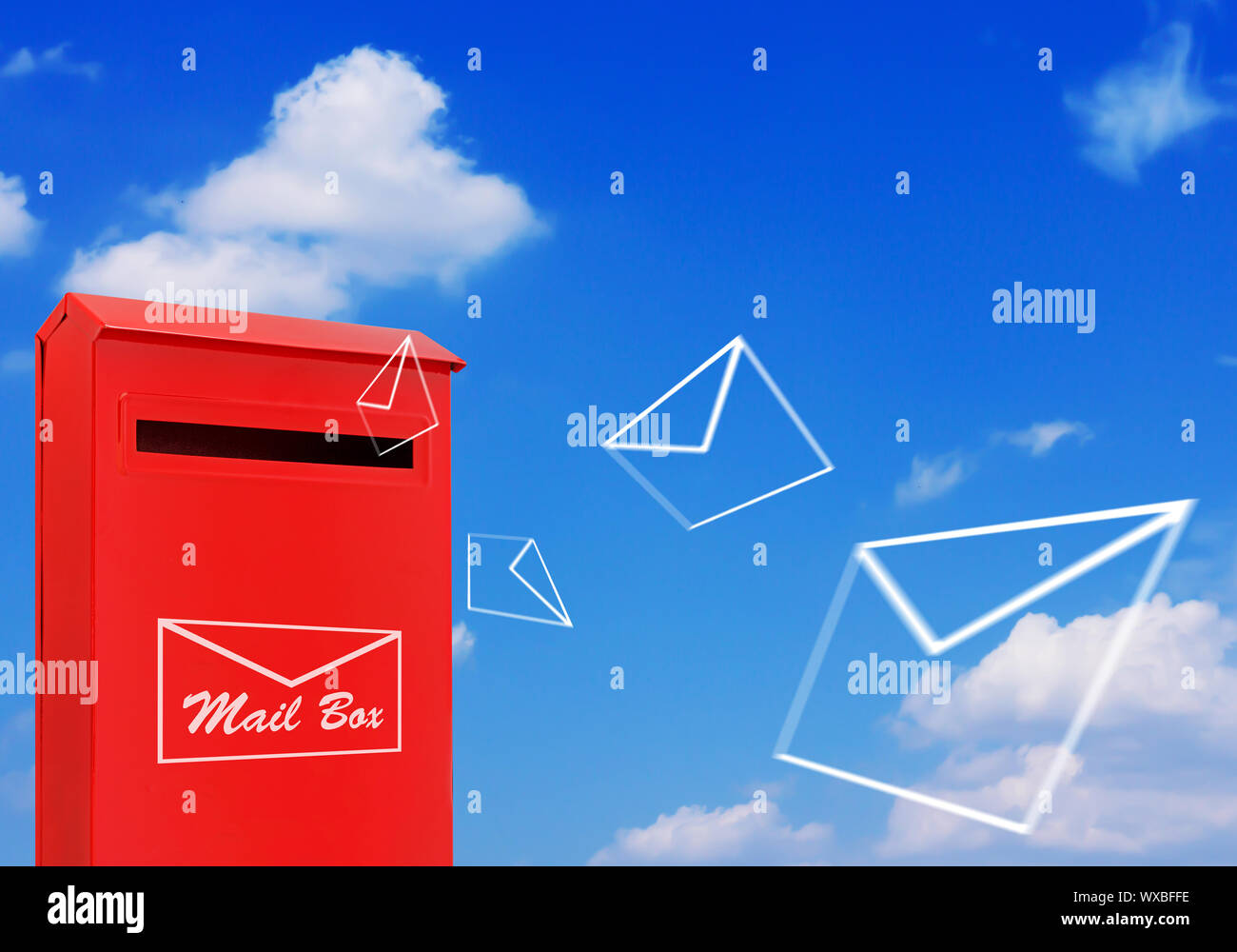 Red mail box and flying letter on blue sky background, post service ...