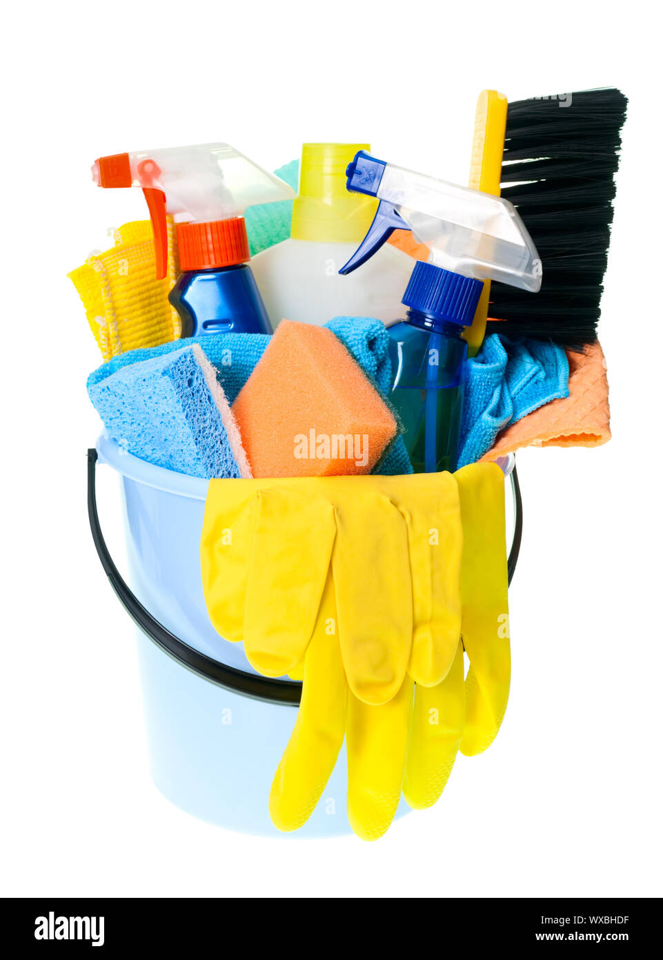 Plastic bucket with cleaning supplies on white background Stock Photo ...
