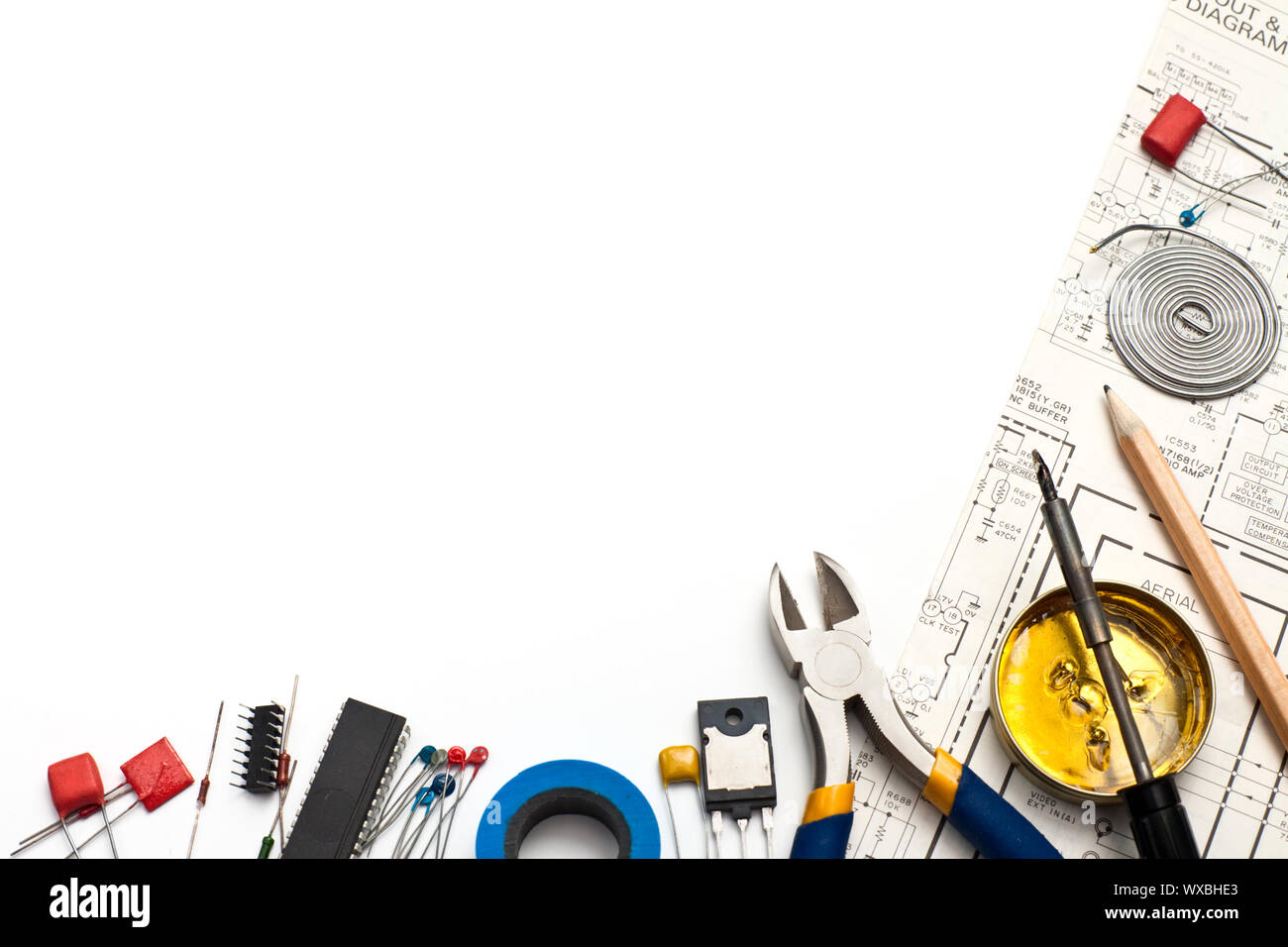Set of electronic tools components and scheme on white background Stock ...