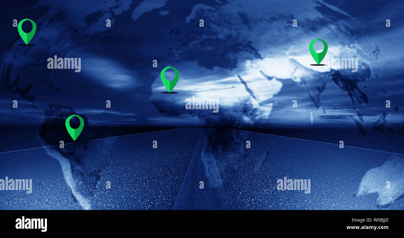 Navigation concept, road and world map with green pin on blue ...