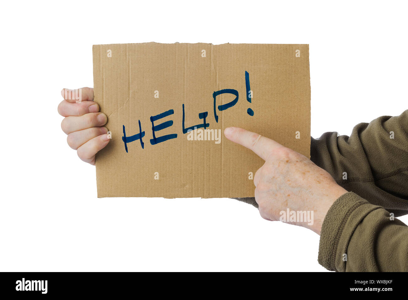 Hand with cardboard Help Stock Photo - Alamy