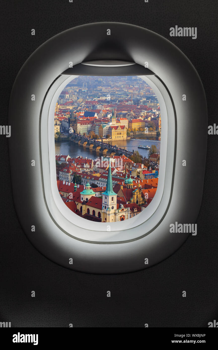 Prague Czech Republic in airplane window Stock Photo - Alamy