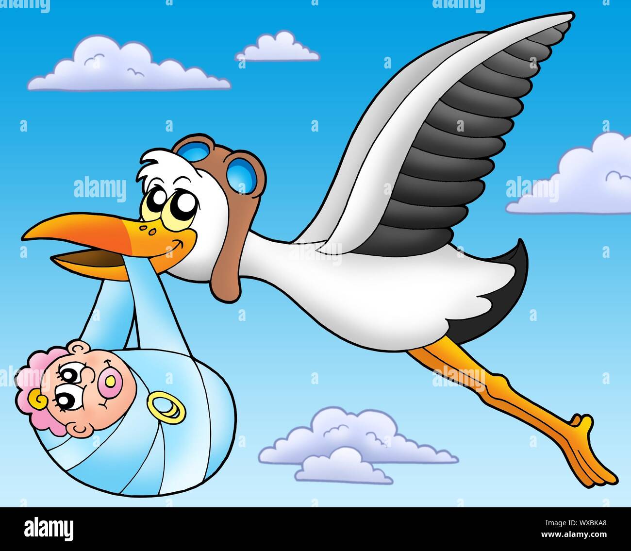 Flying stork with baby - color illustration Stock Photo - Alamy