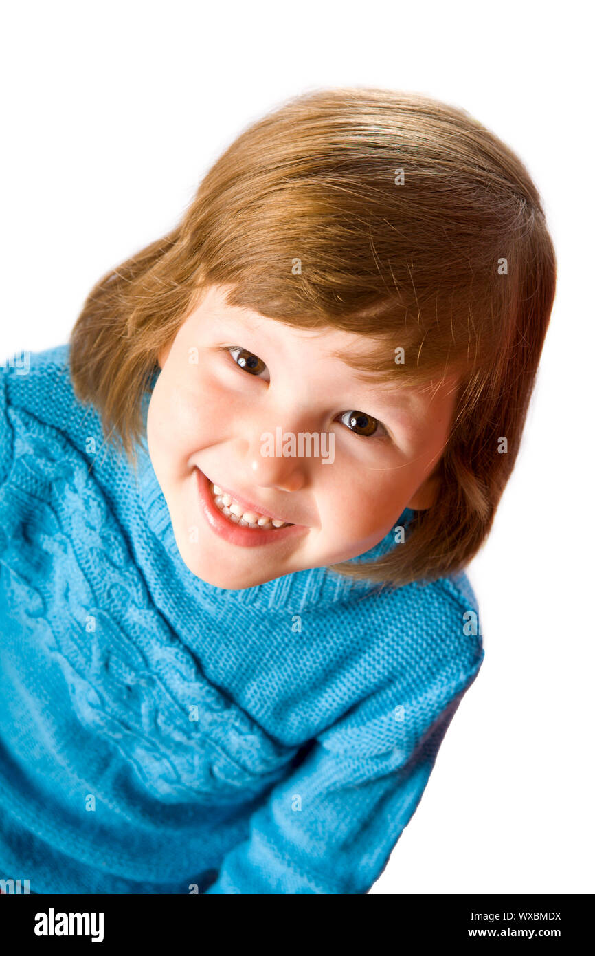 Cheerful kid looking up with interest isolated on white Stock Photo - Alamy
