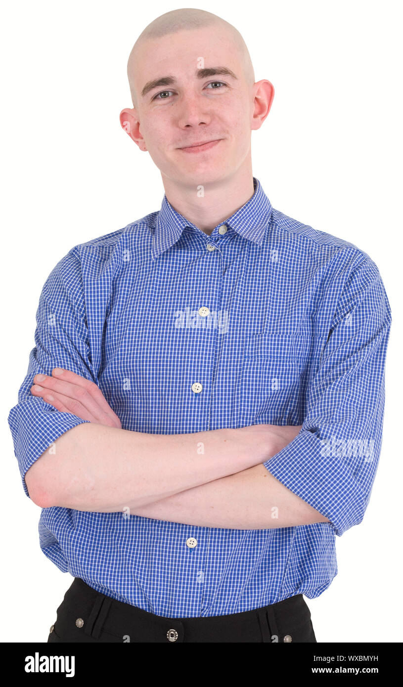 Portrait of the bold man on the white background Stock Photo - Alamy