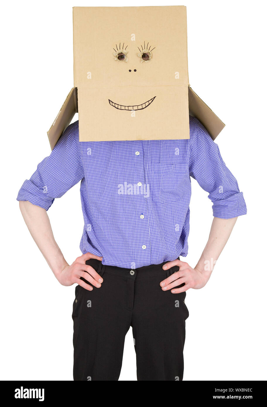 Man with carton box instead of head on white Stock Photo - Alamy