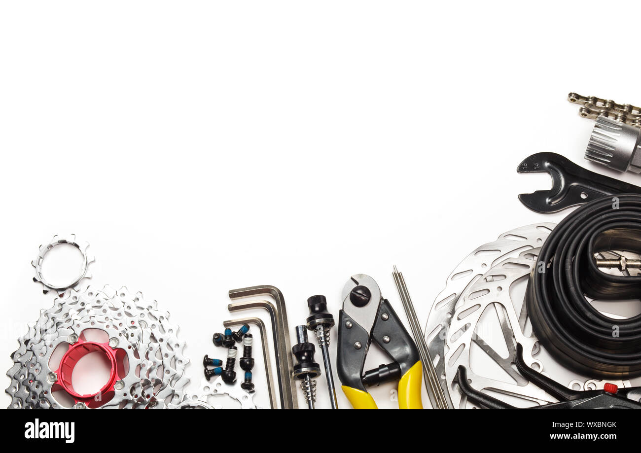 Mountain bike tools and spares on white background Stock Photo - Alamy