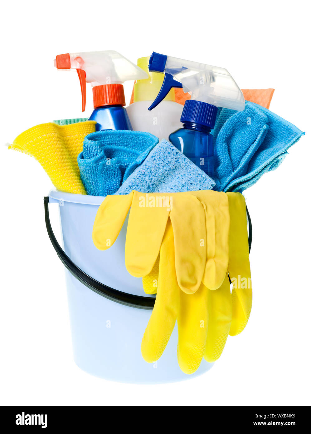 Plastic bucket with cleaning supplies on white background Stock Photo ...