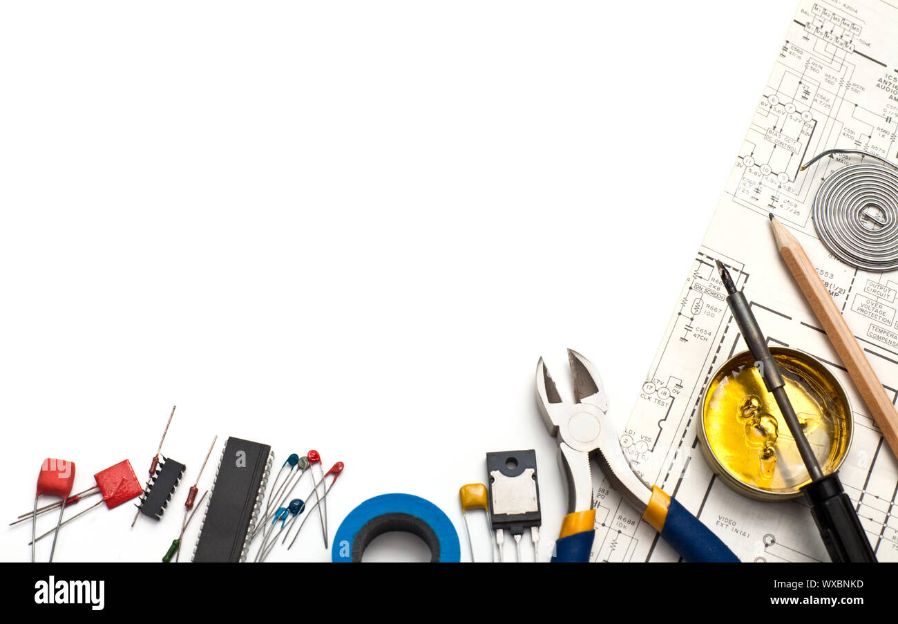 Set of electronic tools components and scheme on white background Stock ...