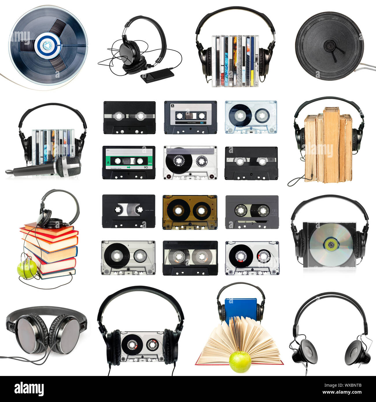 Collection of various audio gear on white background Stock Photo - Alamy