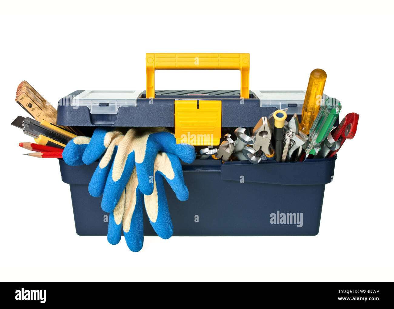 Plastic workbox with assorted tools on white background Stock Photo - Alamy