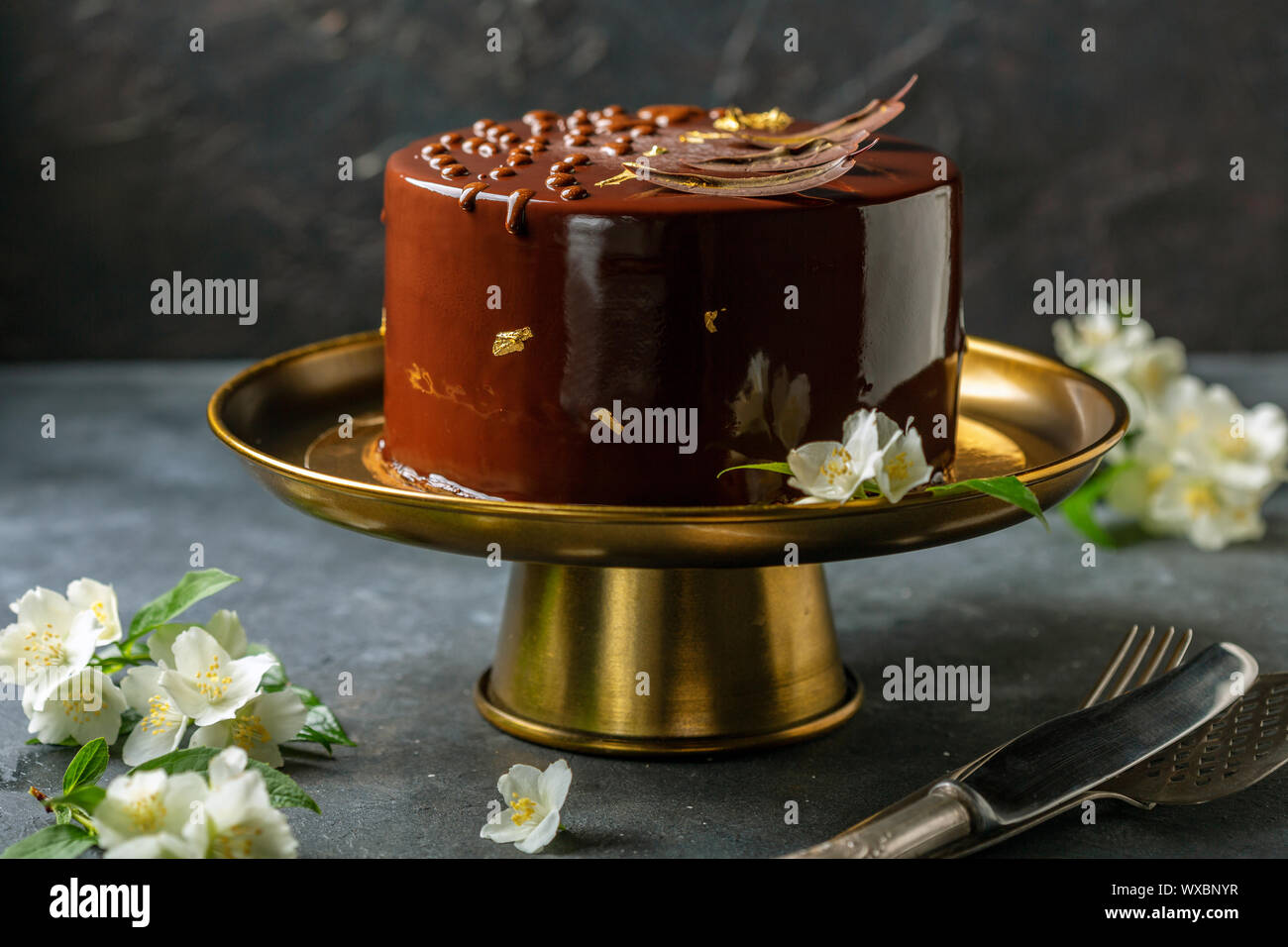 Modern mousse cake with chocolate decor Stock Photo - Alamy