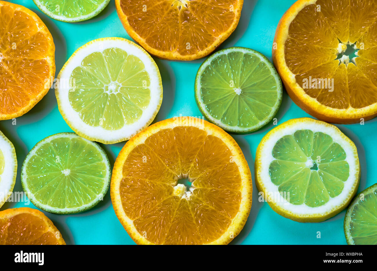 selection of slices of citrus fruit on a bright high contrast turquoise ...