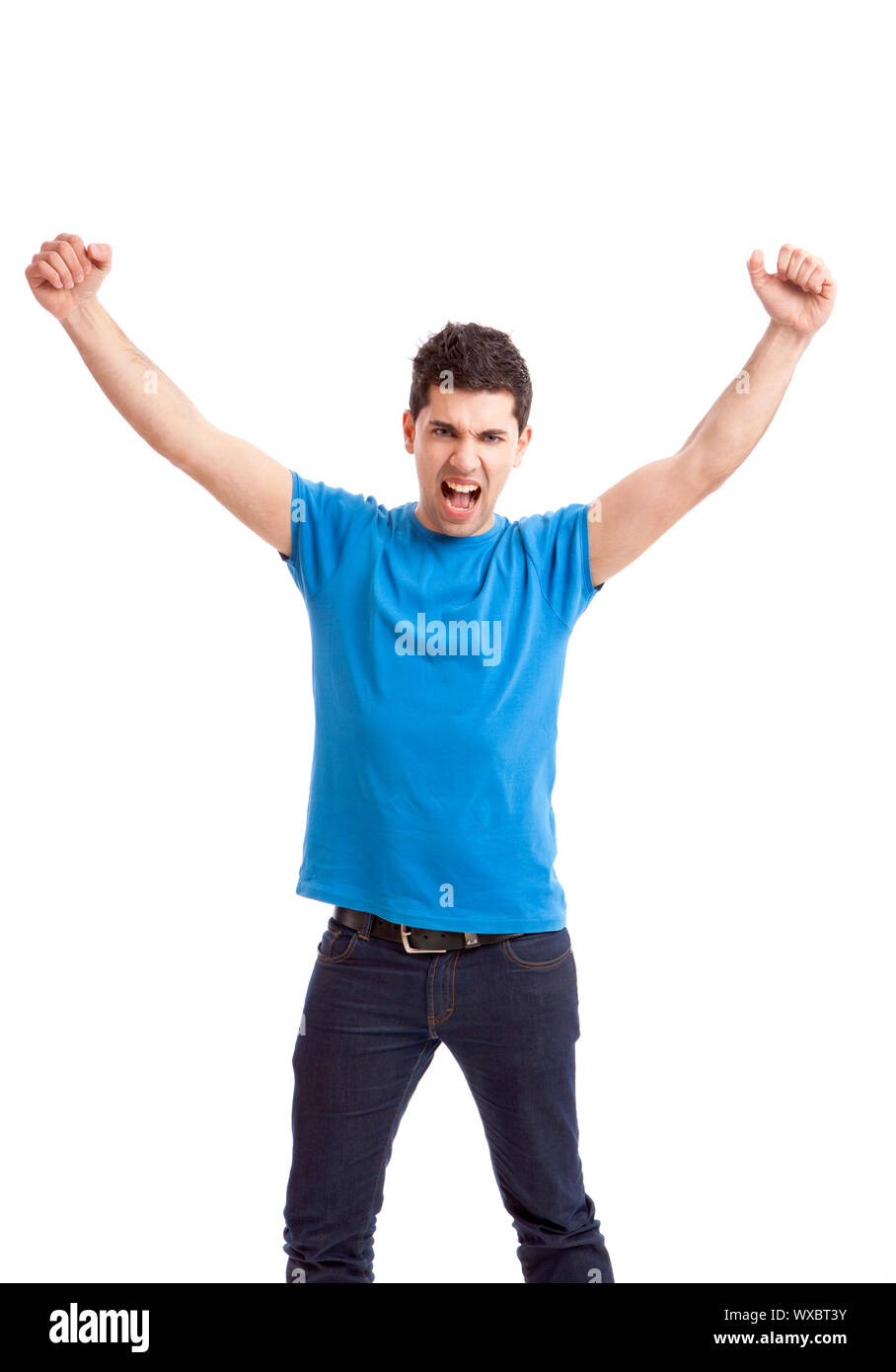 Happy young man with arms up isolated on a white background Stock Photo ...