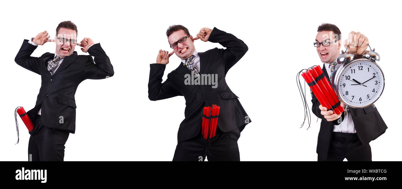 Man with time bomb isolated on white Stock Photo - Alamy