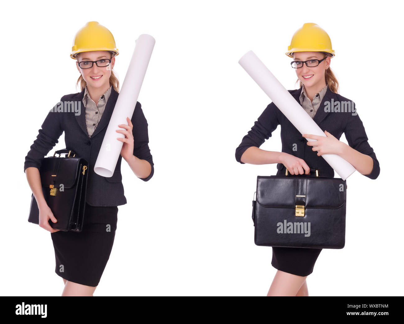 Female architect with blueprint isolated in white Stock Photo - Alamy