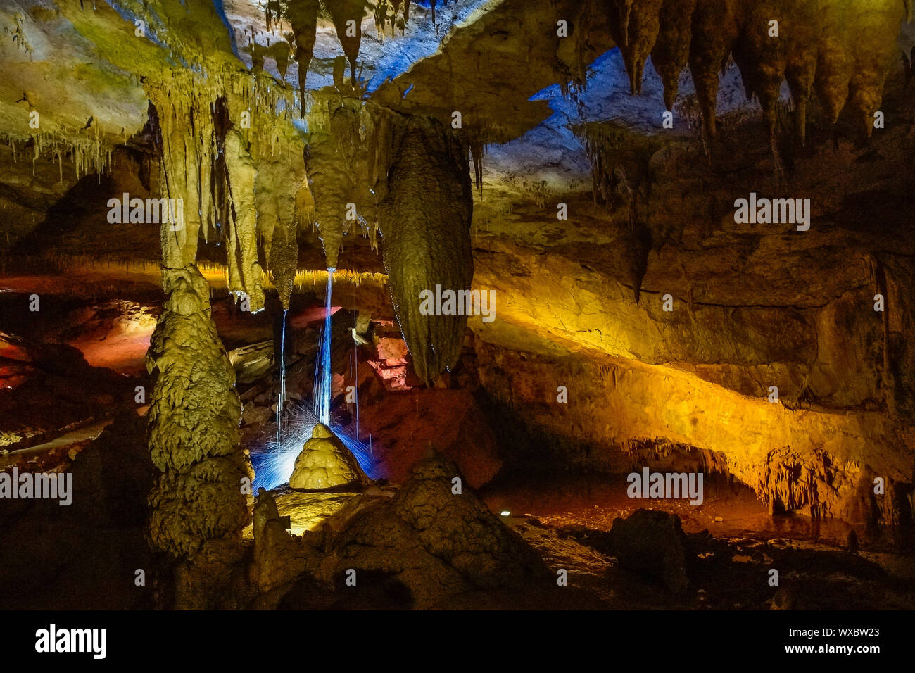 stalactites in Prometheus Cave illumiated Stock Photo - Alamy