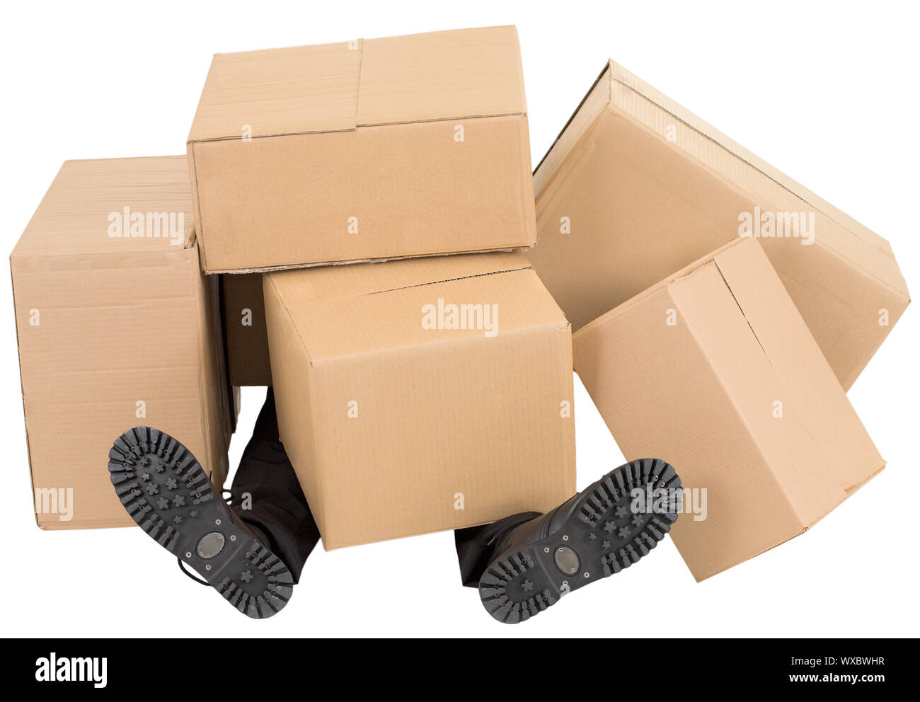Male feet under a heap of carton boxes on a white Stock Photo - Alamy