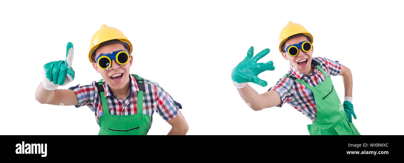 Funny construction worker isolated on white Stock Photo - Alamy
