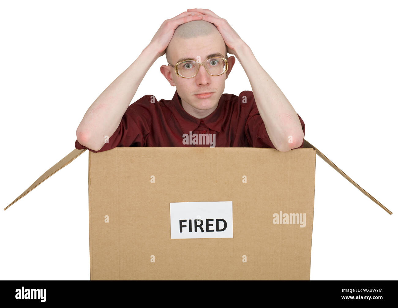 Man in carton inscription hi-res stock photography and images - Alamy