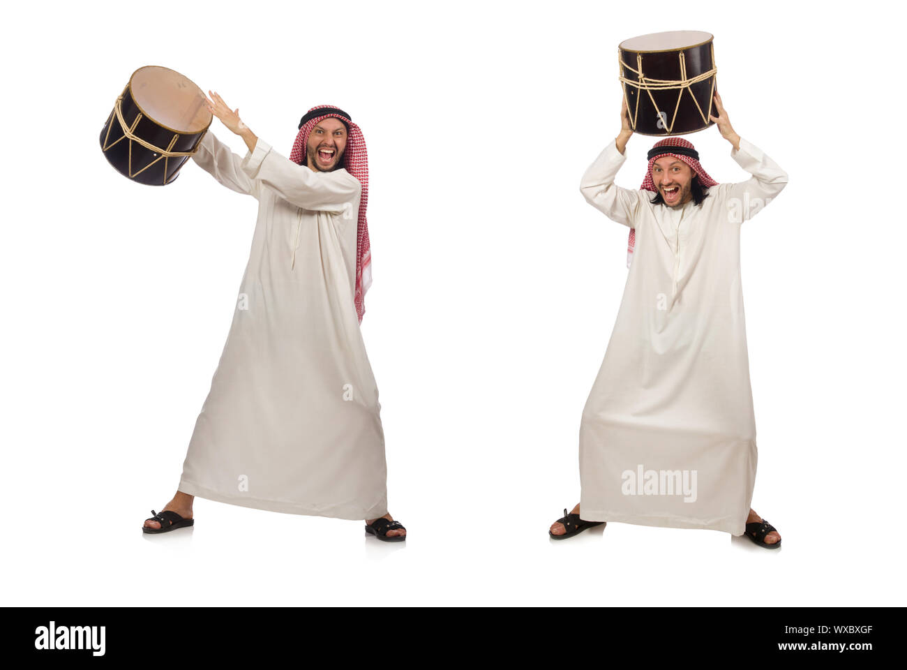 Arab man playing drum isolated on white Stock Photo - Alamy