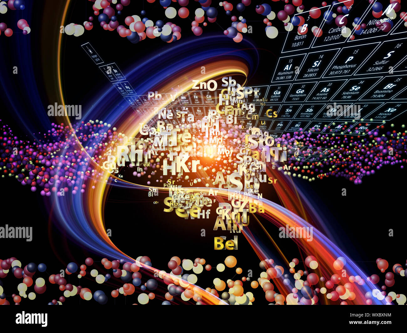 Composition of chemical icons, fractal graphics and design elements to ...
