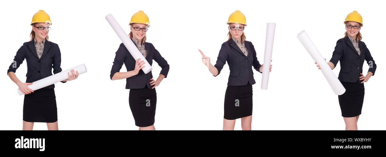 Female architect with blueprint isolated in white Stock Photo - Alamy