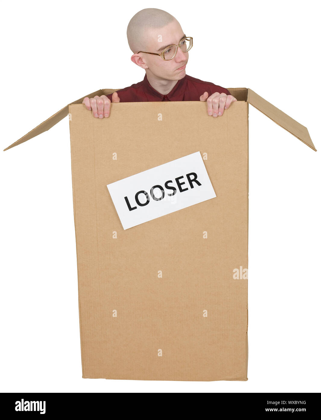 Man in cardboard with inscription "Looser Stock Photo - Alamy
