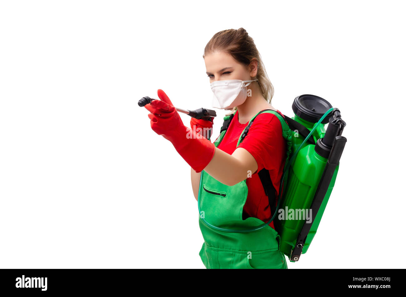 Female pest control contractor isolated on white Stock Photo - Alamy