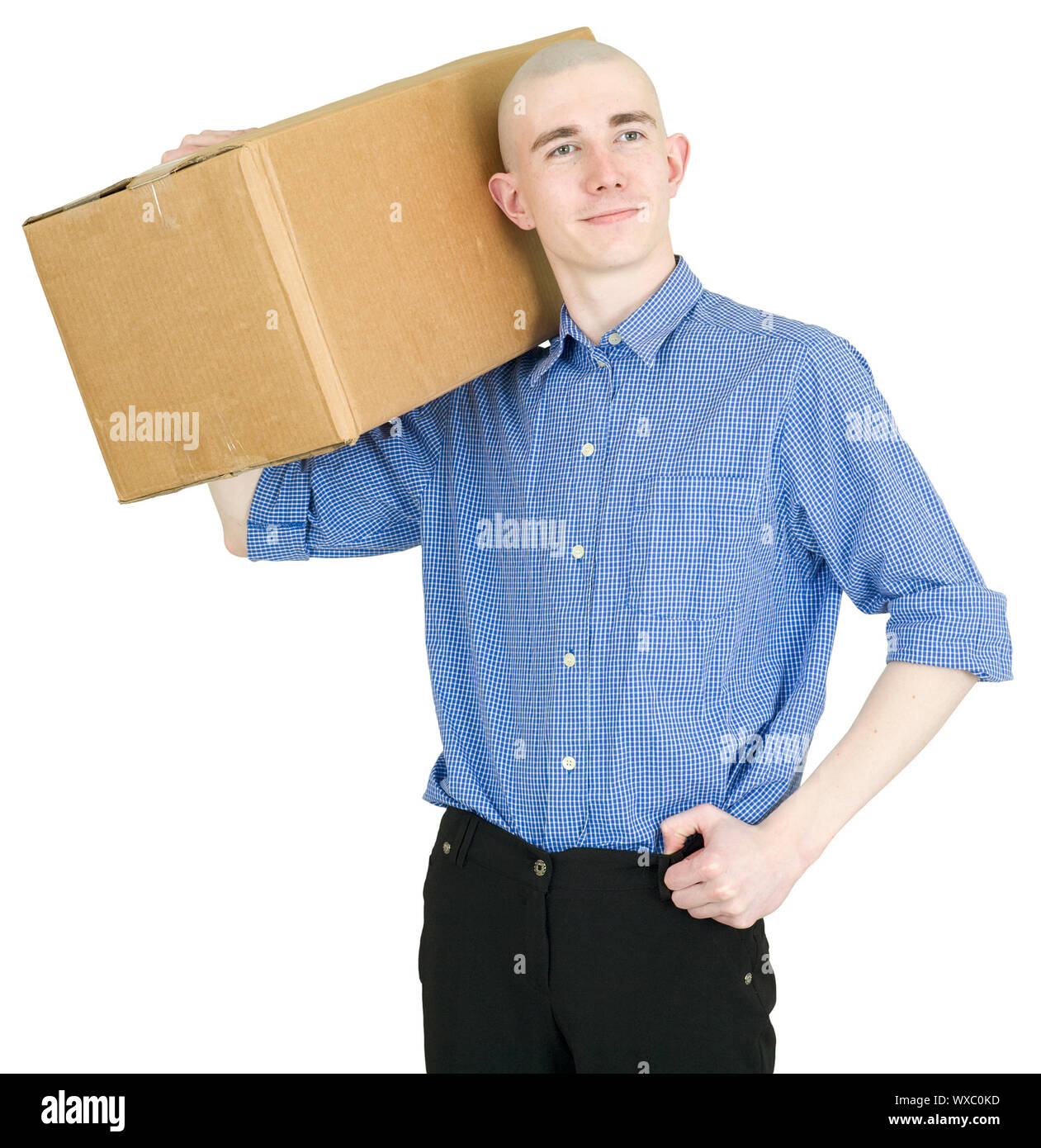 Man hold cardboard on the shoulder a white Stock Photo - Alamy