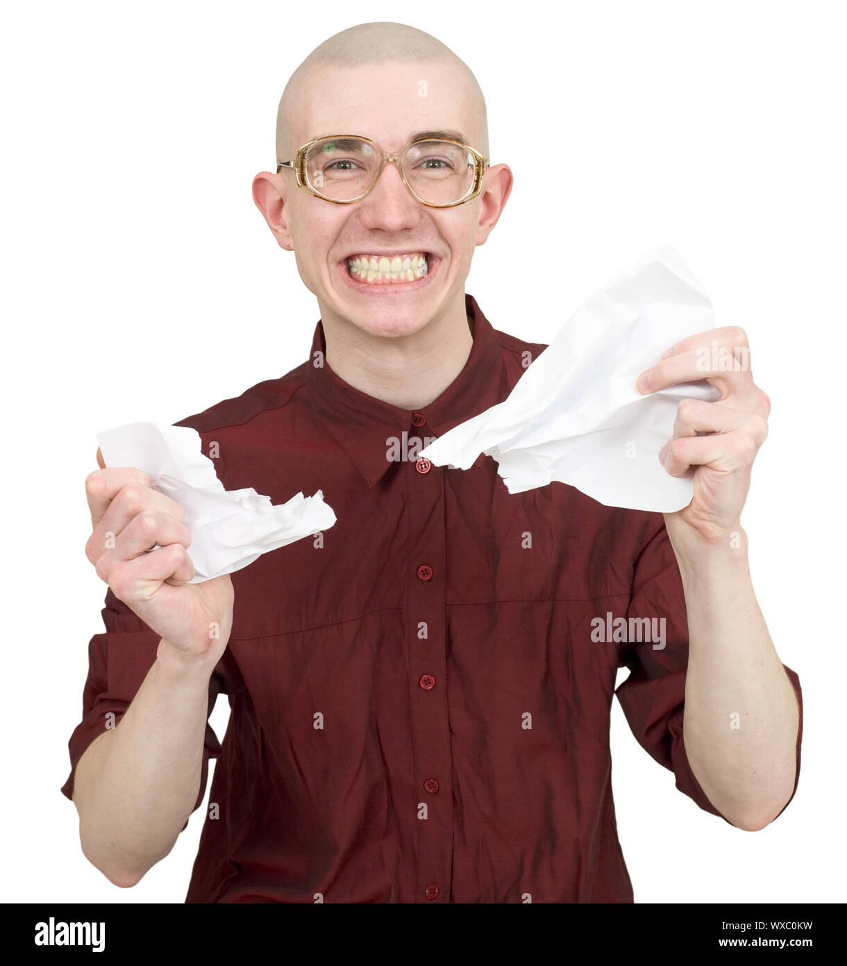 Man tear to pieces white sheet of paper Stock Photo - Alamy
