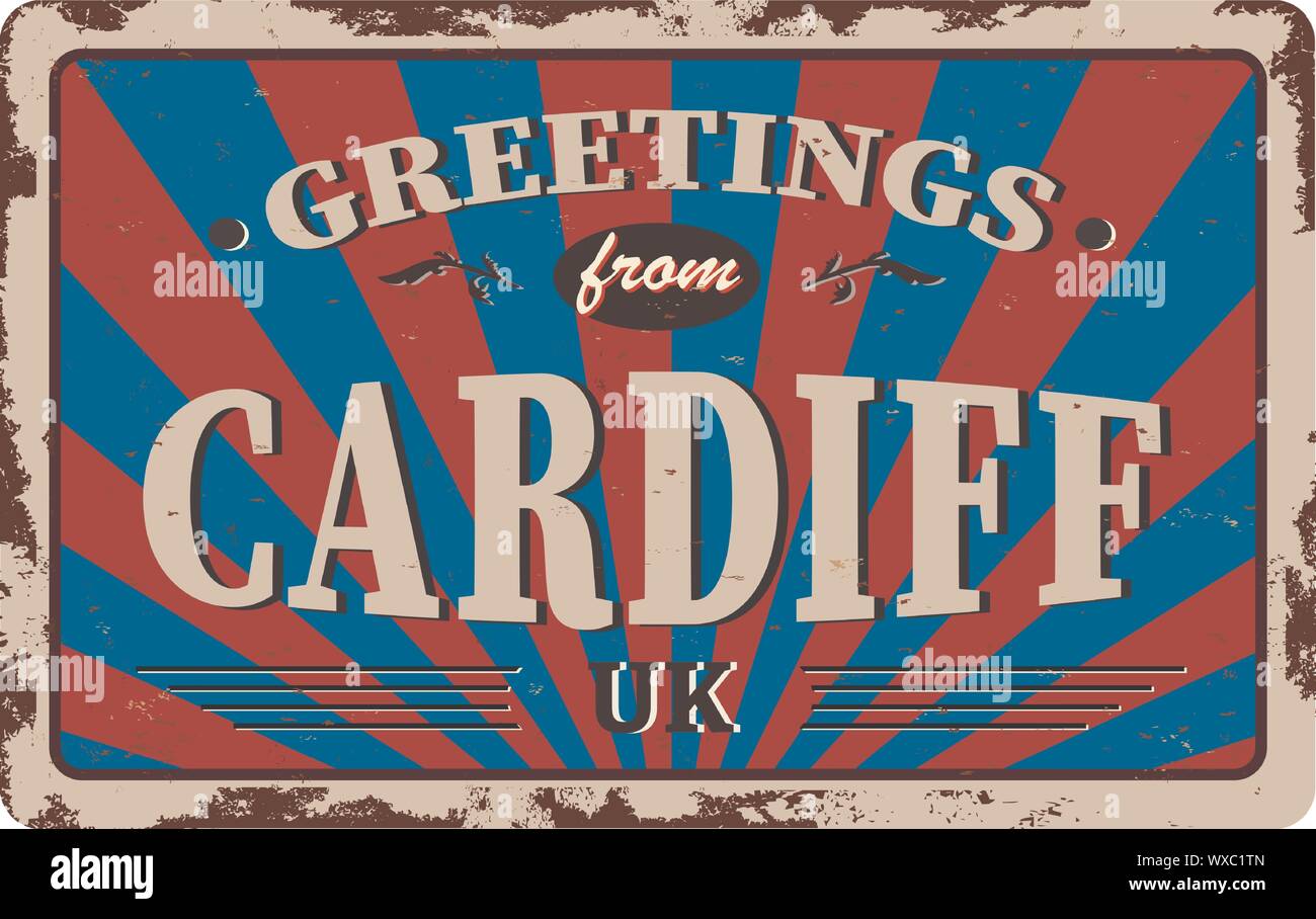 Cardiff united kingdom greeting sign art rusted plate on white ...