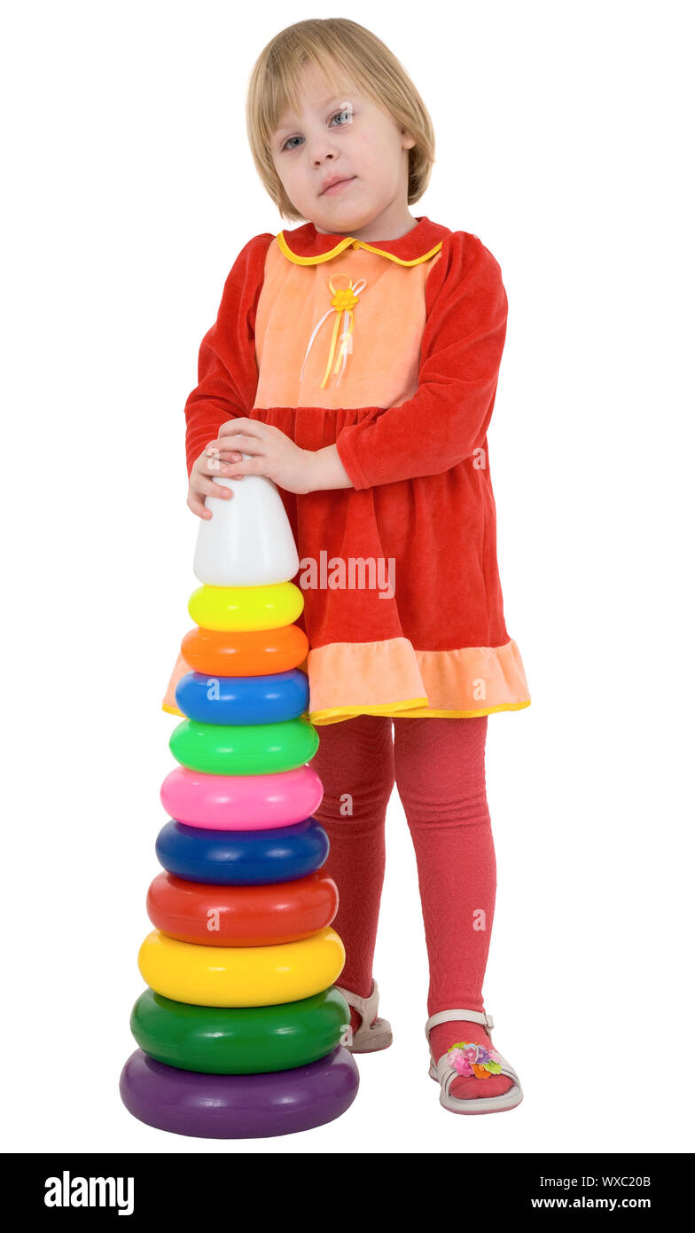 Little girl with plastic toy pyramid on white Stock Photo - Alamy
