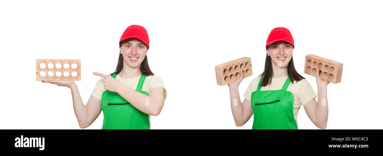 Woman with brick isolated on white Stock Photo - Alamy