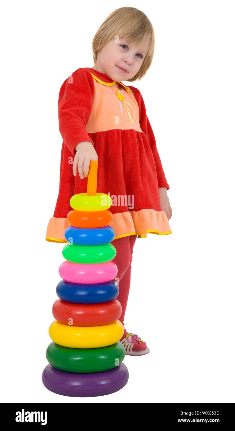Little girl with plastic toy pyramid on white Stock Photo - Alamy