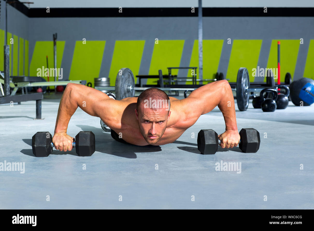 Gym man push-up strength pushup exercise with dumbbell in a crossfit ...