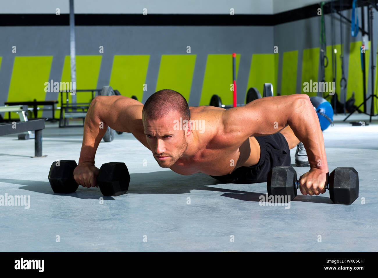 Gym man push-up strength pushup exercise with dumbbell in a crossfit ...