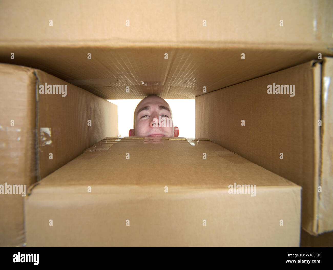 Male face looking trough window in pile cardboard boxes Stock Photo - Alamy