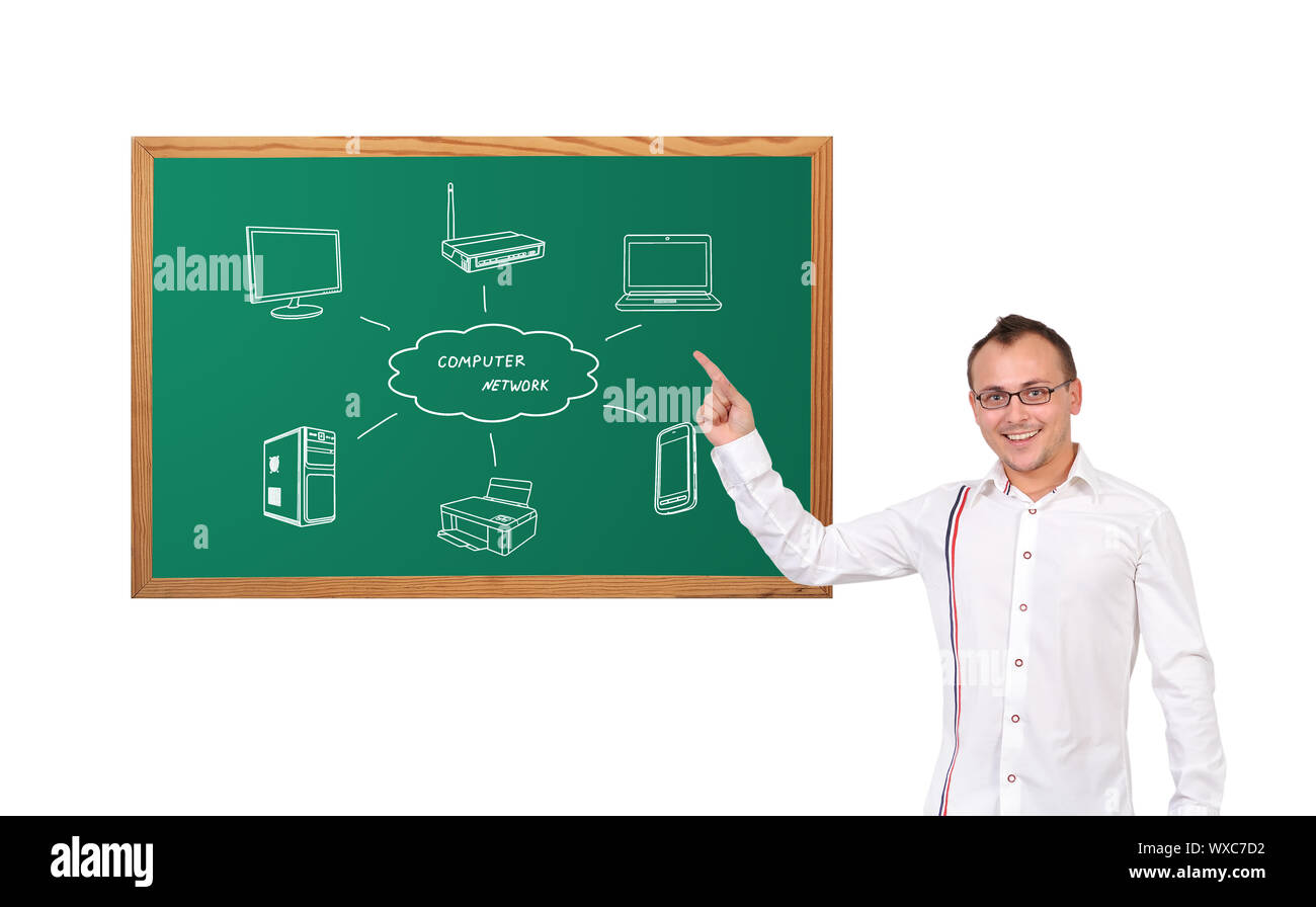 businessman pointing at computer network on desk Stock Photo - Alamy