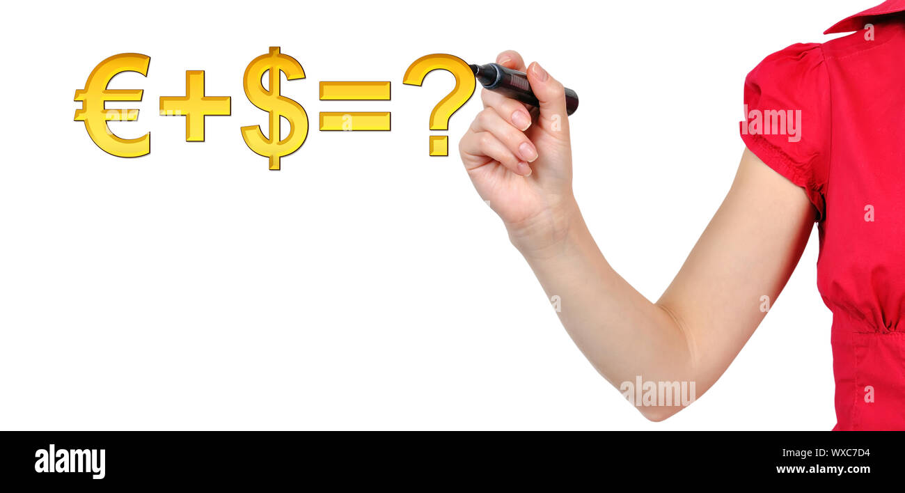 woman drawing formula money on a white background Stock Photo - Alamy