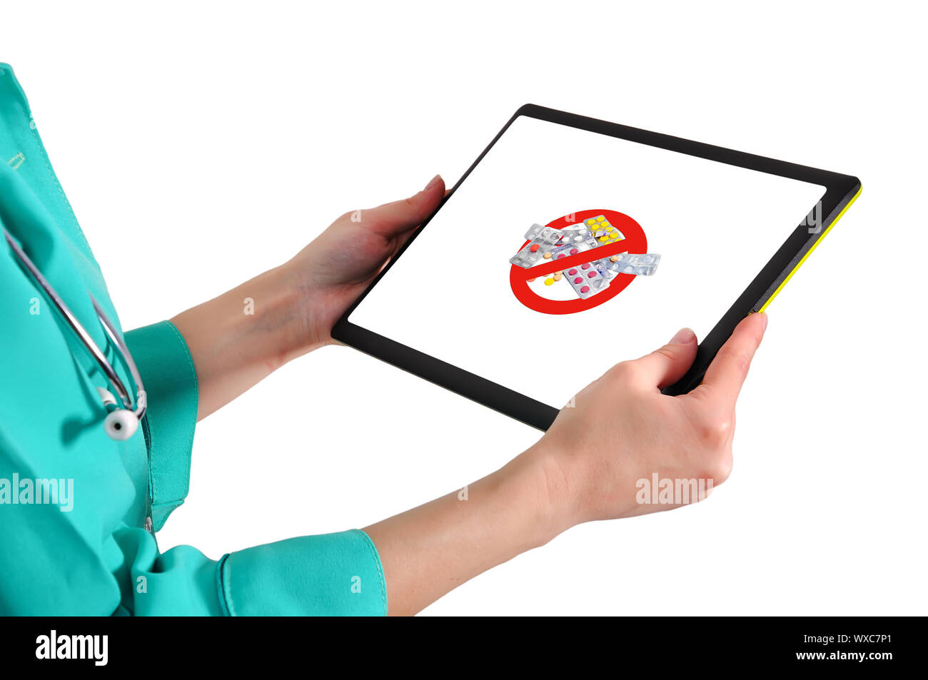 doctor with touchpad and stop drugs symbol Stock Photo - Alamy